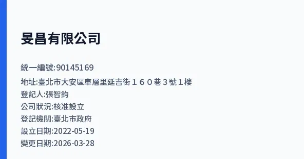 旻昌有限公司的照片-統編 90145169(臺北市) 公司登記資料與營業項目詳細圖表