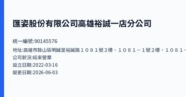 匯姿股份有限公司高雄裕誠一店分公司的照片-統編 90145576(高雄市) 公司登記資料與營業項目詳細圖表