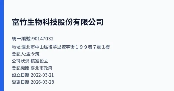 富竹生物科技股份有限公司的照片-統編 90147032(臺北市) 公司登記資料與營業項目詳細圖表
