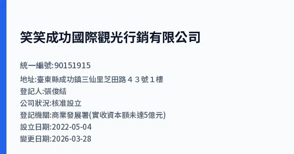 笑笑成功國際觀光行銷有限公司的照片-統編 90151915(臺東縣) 公司登記資料與營業項目詳細圖表