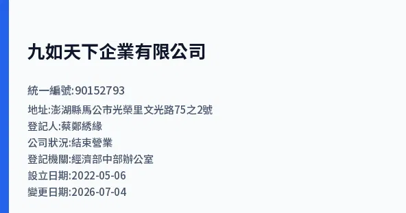 九如天下企業有限公司的照片-統編 90152793(澎湖縣) 公司登記資料與營業項目詳細圖表