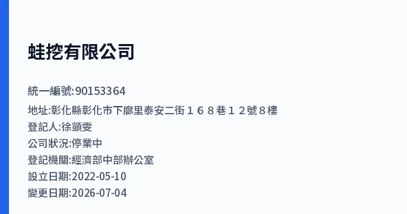 蛙挖有限公司的照片-統編 90153364(彰化縣) 公司登記資料與營業項目詳細圖表