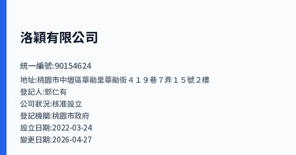 洛穎有限公司的照片-統編 90154624(桃園市) 公司登記資料與營業項目詳細圖表