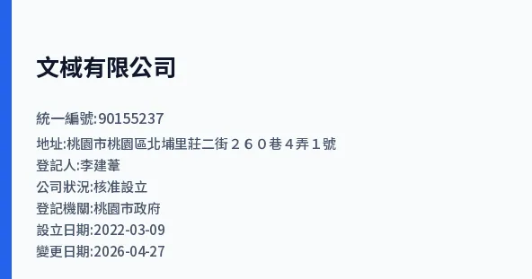 文棫有限公司的照片-統編 90155237(桃園市) 公司登記資料與營業項目詳細圖表