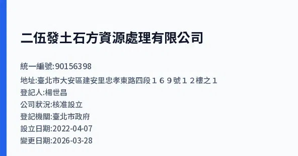二伍發土石方資源處理有限公司的照片-統編 90156398(臺北市) 公司登記資料與營業項目詳細圖表