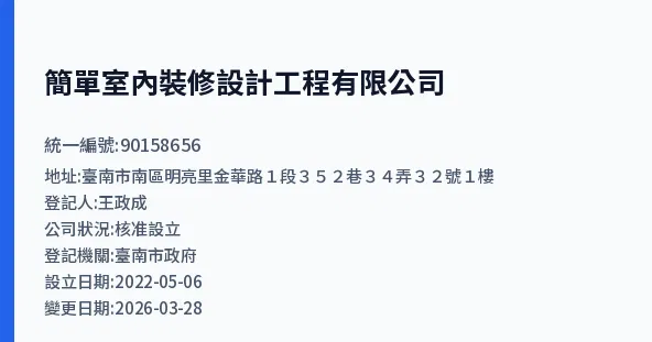 簡單室內裝修設計工程有限公司的照片-統編 90158656(臺南市) 公司登記資料與營業項目詳細圖表
