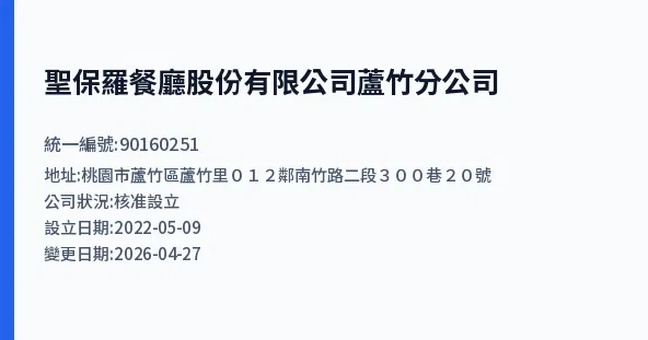 聖保羅餐廳股份有限公司蘆竹分公司的照片-統編 90160251(桃園市) 公司登記資料與營業項目詳細圖表