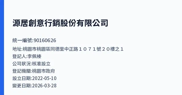 源居創意行銷股份有限公司的照片-統編 90160626(桃園市) 公司登記資料與營業項目詳細圖表