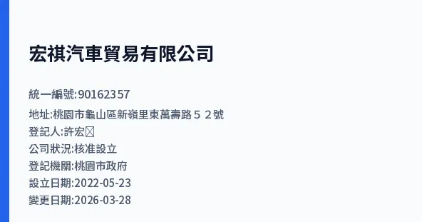 宏祺汽車貿易有限公司的照片-統編 90162357(桃園市) 公司登記資料與營業項目詳細圖表