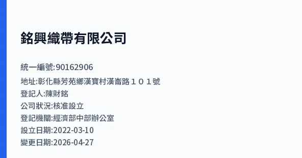 銘興織帶有限公司的照片-統編 90162906(彰化縣) 公司登記資料與營業項目詳細圖表