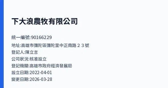 下大浪農牧有限公司的照片-統編 90166229(高雄市) 公司登記資料與營業項目詳細圖表