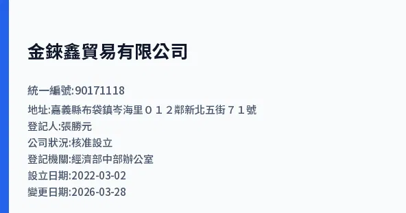 金錸鑫貿易有限公司的照片-統編 90171118(嘉義縣) 公司登記資料與營業項目詳細圖表