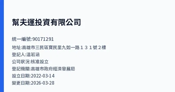幫夫運投資有限公司的照片-統編 90171291(高雄市) 公司登記資料與營業項目詳細圖表