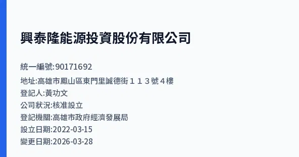 興泰隆能源投資股份有限公司的照片-統編 90171692(高雄市) 公司登記資料與營業項目詳細圖表