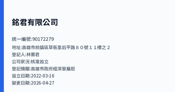 銘君有限公司的照片-統編 90172279(高雄市) 公司登記資料與營業項目詳細圖表
