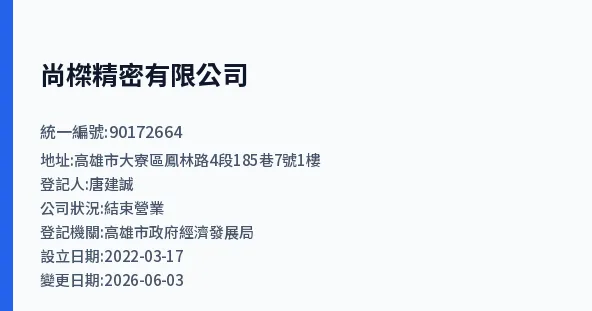 尚榤精密有限公司的照片-統編 90172664(高雄市) 公司登記資料與營業項目詳細圖表