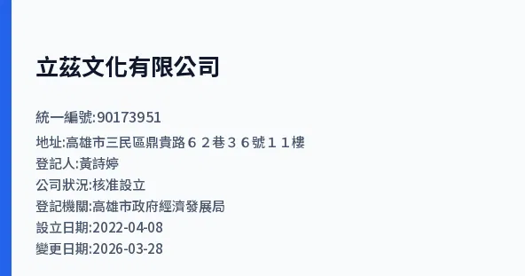 立茲文化有限公司的照片-統編 90173951(高雄市) 公司登記資料與營業項目詳細圖表