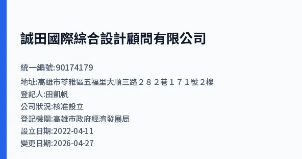 誠田國際綜合設計顧問有限公司的照片-統編 90174179(高雄市) 公司登記資料與營業項目詳細圖表