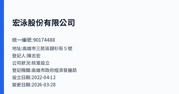 宏泳股份有限公司的照片-統編 90174488(高雄市) 公司登記資料與營業項目詳細圖表