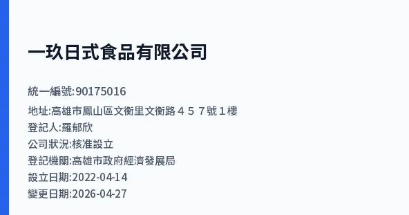 一玖日式食品有限公司的照片-統編 90175016(高雄市) 公司登記資料與營業項目詳細圖表