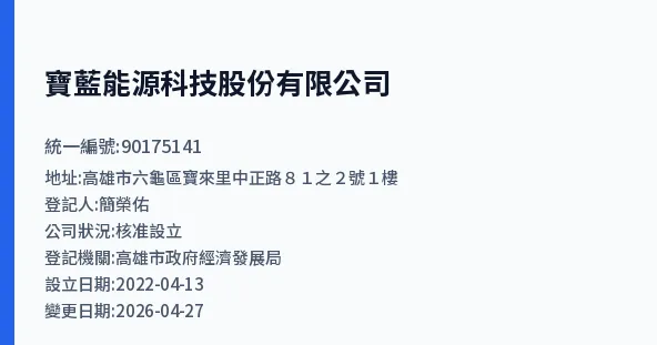 寶藍能源科技股份有限公司的照片-統編 90175141(高雄市) 公司登記資料與營業項目詳細圖表