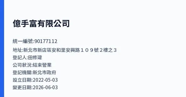 億手富有限公司的照片-統編 90177112(新北市) 公司登記資料與營業項目詳細圖表