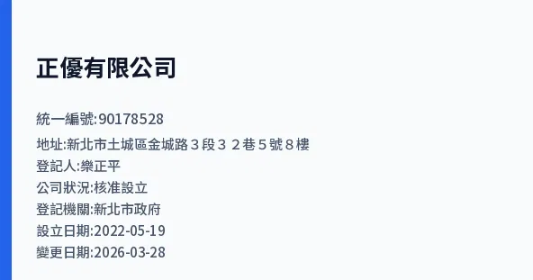正優有限公司的照片-統編 90178528(新北市) 公司登記資料與營業項目詳細圖表
