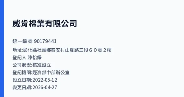威肯棉業有限公司的照片-統編 90179441(彰化縣) 公司登記資料與營業項目詳細圖表