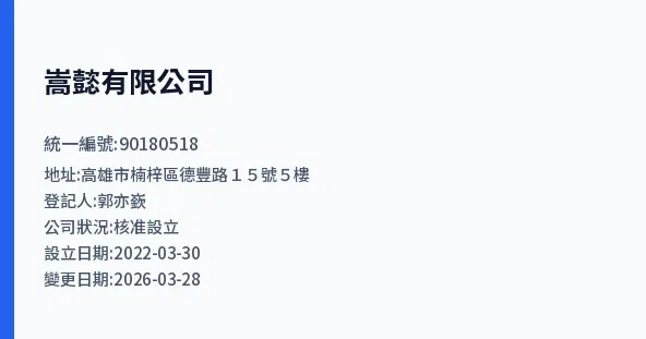 嵩懿有限公司的照片-統編 90180518(高雄市) 公司登記資料與營業項目詳細圖表