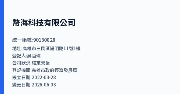 幣海科技有限公司的照片-統編 90180828(高雄市) 公司登記資料與營業項目詳細圖表