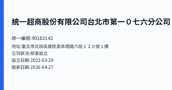 統一超商股份有限公司台北市第一0七六分公司的照片-統編 90182142(臺北市) 公司登記資料與營業項目詳細圖表