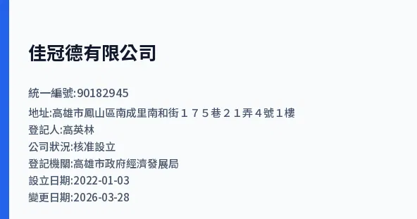 佳冠德有限公司的照片-統編 90182945(高雄市) 公司登記資料與營業項目詳細圖表