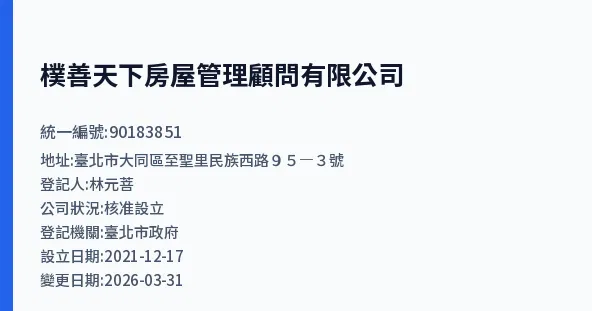樸善天下房屋管理顧問有限公司的照片-統編 90183851(臺北市) 公司登記資料與營業項目詳細圖表
