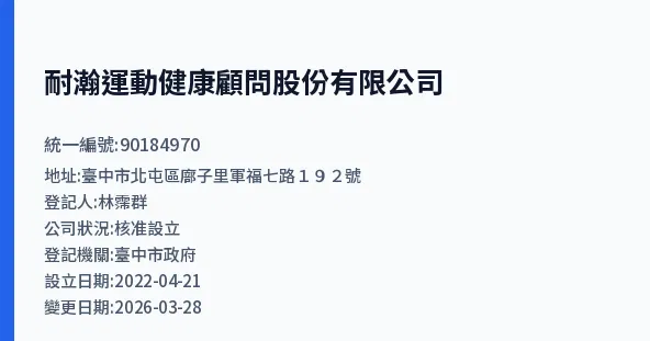 耐瀚運動健康顧問股份有限公司的照片-統編 90184970(臺中市) 公司登記資料與營業項目詳細圖表