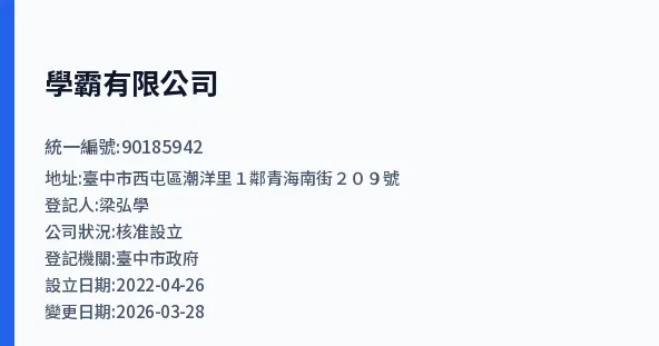學霸有限公司的照片-統編 90185942(臺中市) 公司登記資料與營業項目詳細圖表
