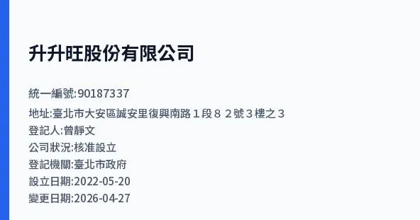 升升旺股份有限公司的照片-統編 90187337(臺北市) 公司登記資料與營業項目詳細圖表