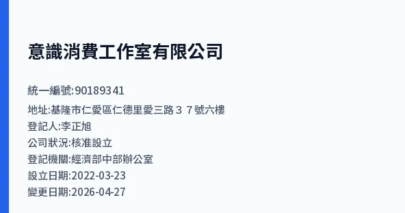 意識消費工作室有限公司的照片-統編 90189341(基隆市) 公司登記資料與營業項目詳細圖表