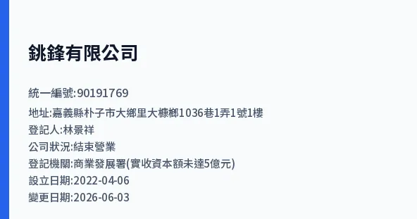 銚鋒有限公司的照片-統編 90191769(嘉義縣) 公司登記資料與營業項目詳細圖表