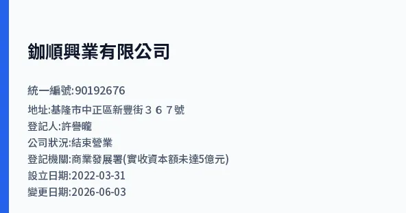 鉫順興業有限公司的照片-統編 90192676(基隆市) 公司登記資料與營業項目詳細圖表