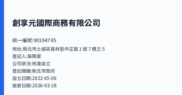 創享元國際商務有限公司的照片-統編 90194745(新北市) 公司登記資料與營業項目詳細圖表
