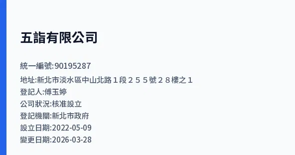 五詣有限公司的照片-統編 90195287(新北市) 公司登記資料與營業項目詳細圖表