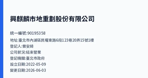 興麒麟市地重劃股份有限公司的照片-統編 90195358(臺北市) 公司登記資料與營業項目詳細圖表