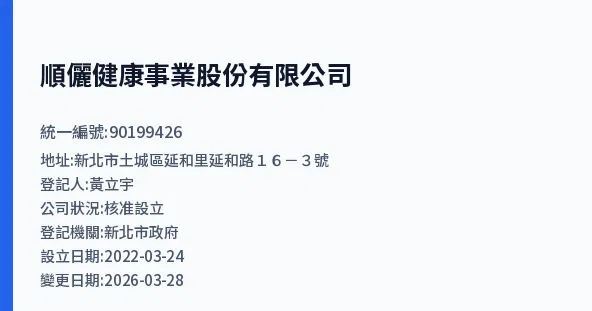 順儷健康事業股份有限公司的照片-統編 90199426(新北市) 公司登記資料與營業項目詳細圖表