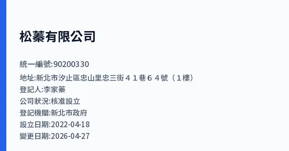 松蓁有限公司的照片-統編 90200330(新北市) 公司登記資料與營業項目詳細圖表