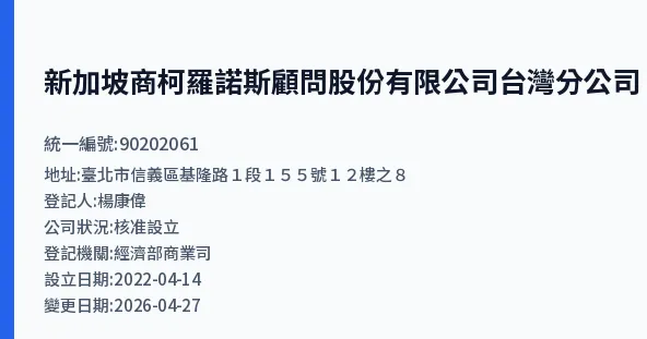 新加坡商柯羅諾斯顧問股份有限公司台灣分公司的照片-統編 90202061(臺北市) 公司登記資料與營業項目詳細圖表