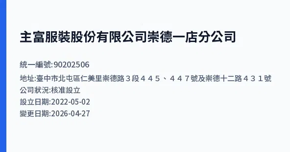 主富服裝股份有限公司崇德一店分公司的照片-統編 90202506(臺中市) 公司登記資料與營業項目詳細圖表