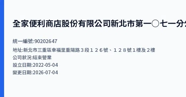 全家便利商店股份有限公司新北市第一○七一分公司的照片-統編 90202647(新北市) 公司登記資料與營業項目詳細圖表