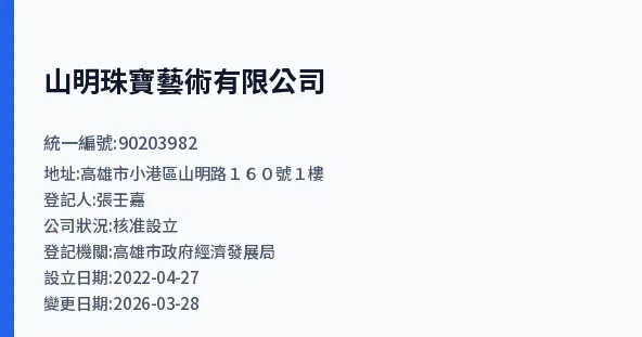 山明珠寶藝術有限公司的照片-統編 90203982(高雄市) 公司登記資料與營業項目詳細圖表