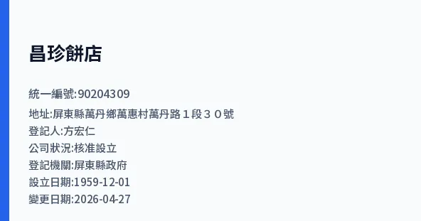 昌珍餅店的照片-統編 90204309(屏東縣) 公司登記資料與營業項目詳細圖表