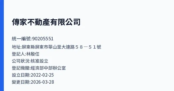 傳家不動產有限公司的照片-統編 90205551(屏東縣) 公司登記資料與營業項目詳細圖表